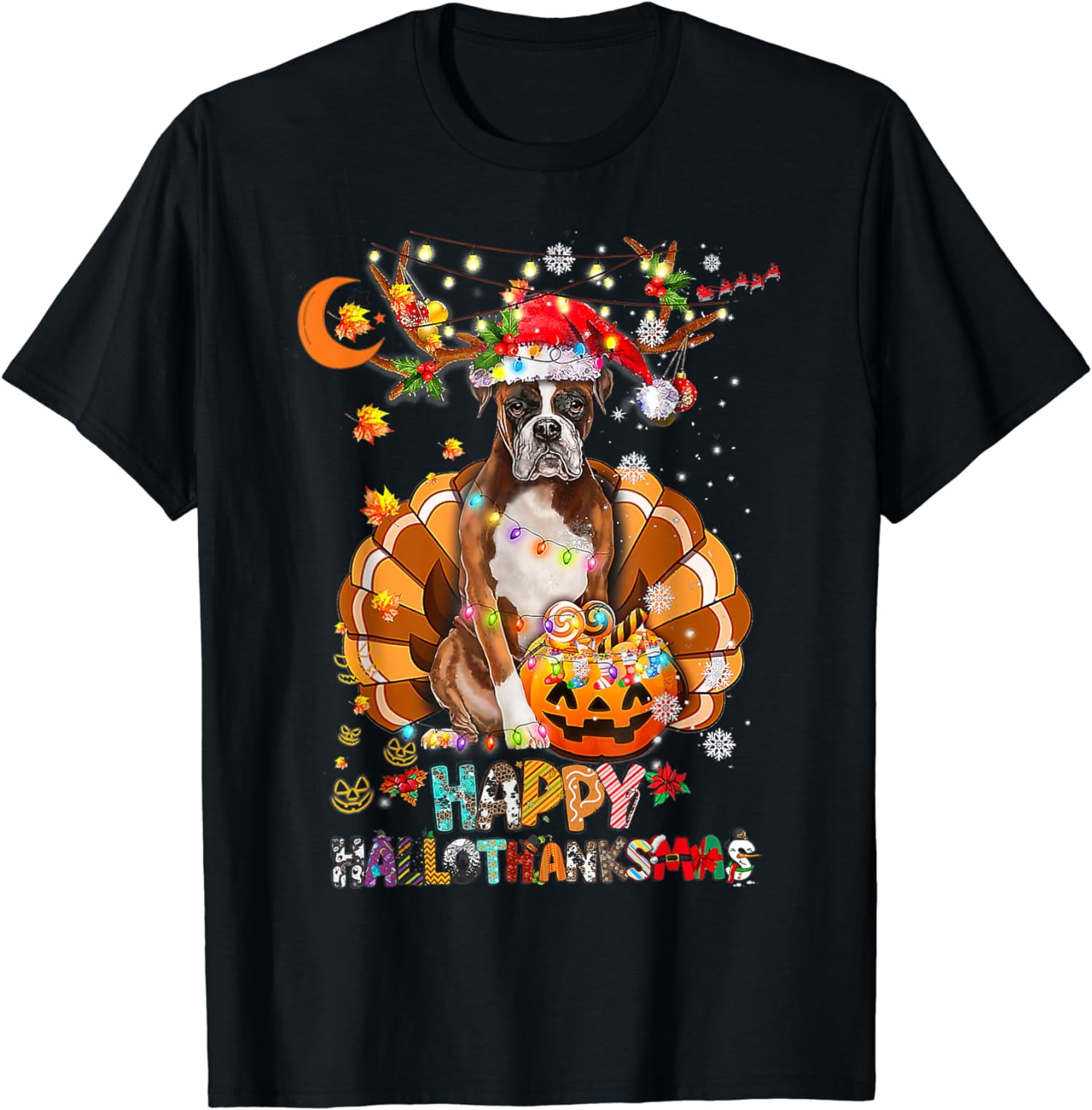 Boxer Dog Happy Hallothanksmas Halloween Thanksgiving Funny T-Shirt ...
