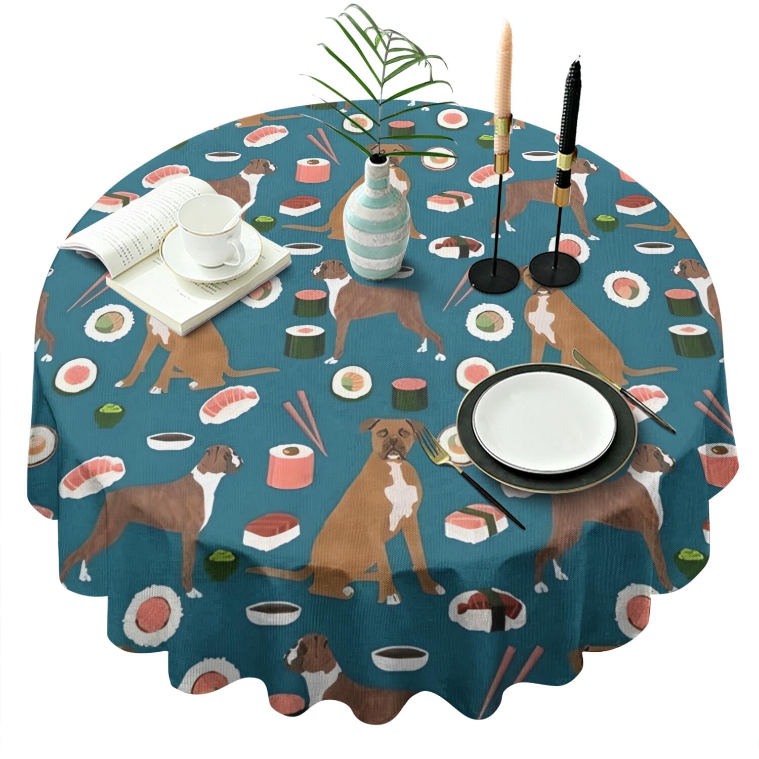 Boxer Dog Pitbull Terriers Dog and Sushi Round Tablecloth 60"x60 ...