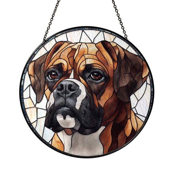 Boxer Dog Stained Glass Suncatcher Window Hanging, Playful Canine Round ...