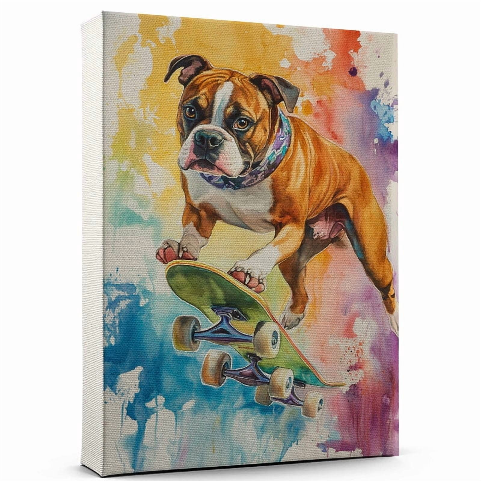 Boxer Dog Stretched Canvas Size 8x12 – Skateboarding Theme Dog Art for ...