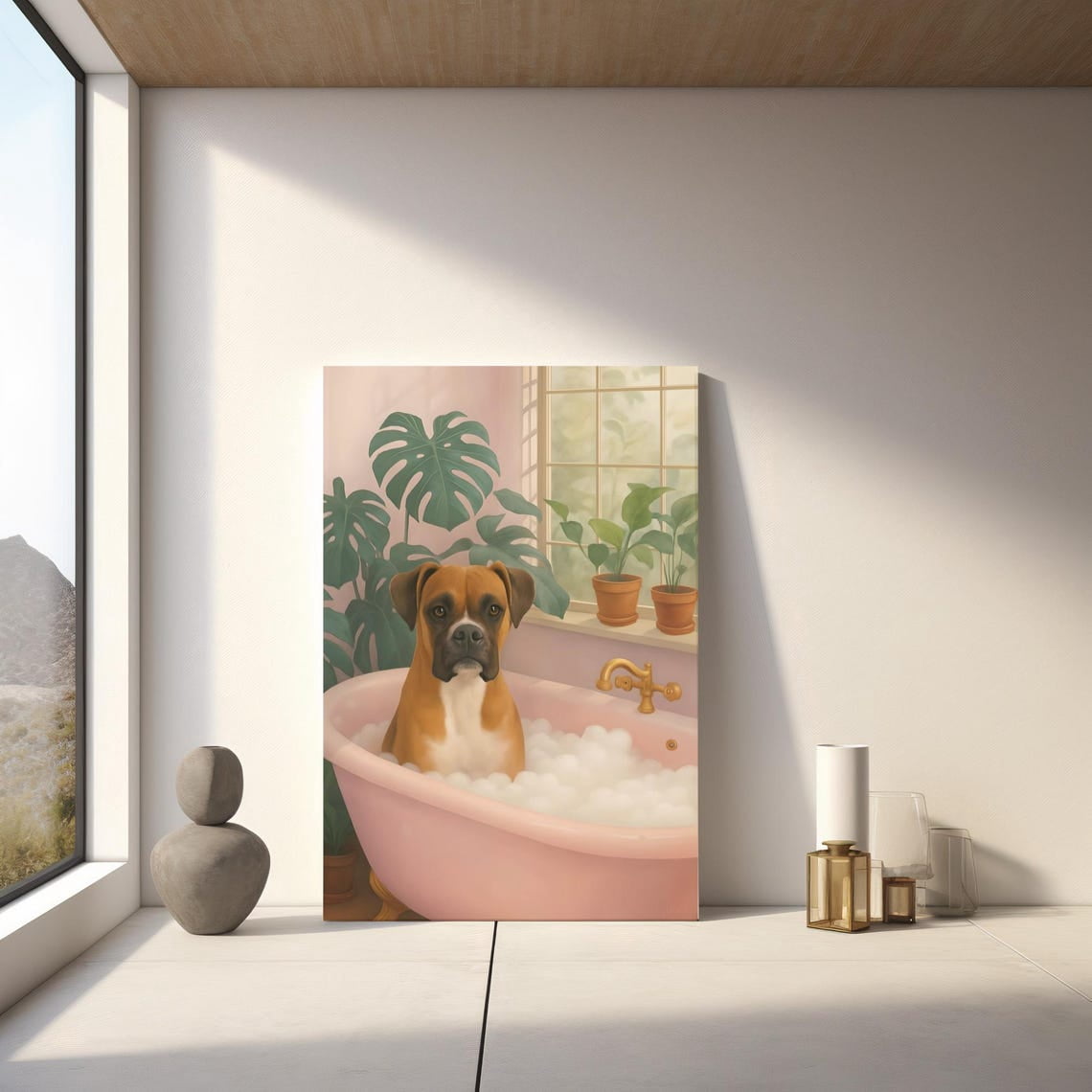 Boxer Dog in Bubble Bath Whimsical Pet Art Bathroom Wall Decoration ...