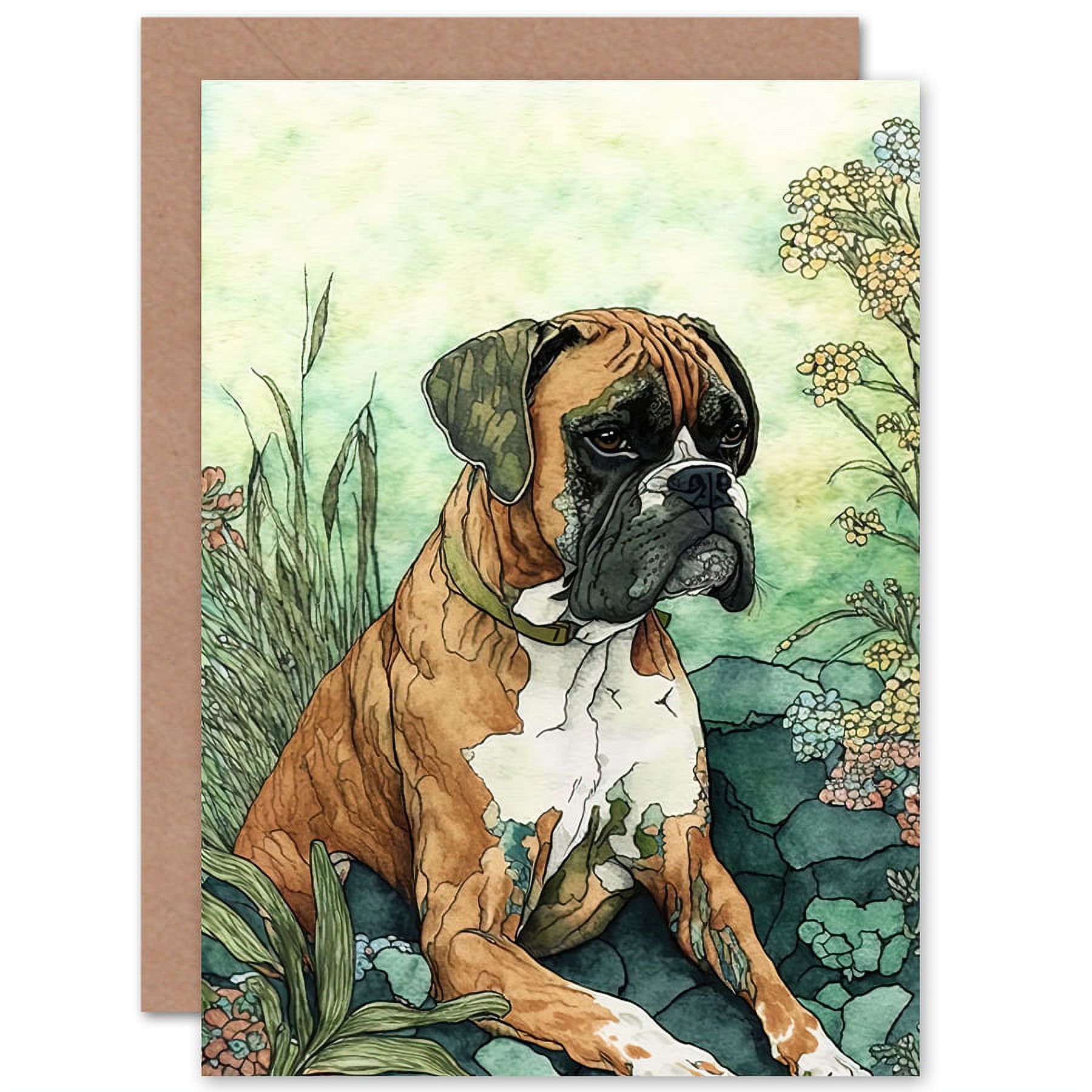 Boxer Dog in Flower Field Colourful Watercolour Illustration Art ...