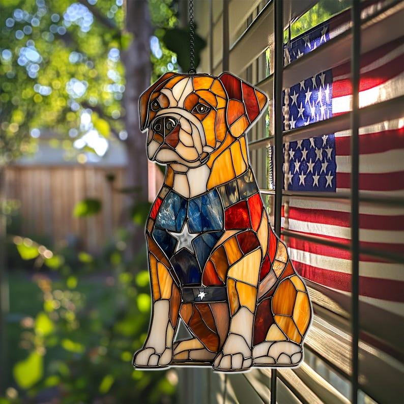Boxer Faux Stained Glass Suncatcher, Detailed Dog Patriotic Decor ...