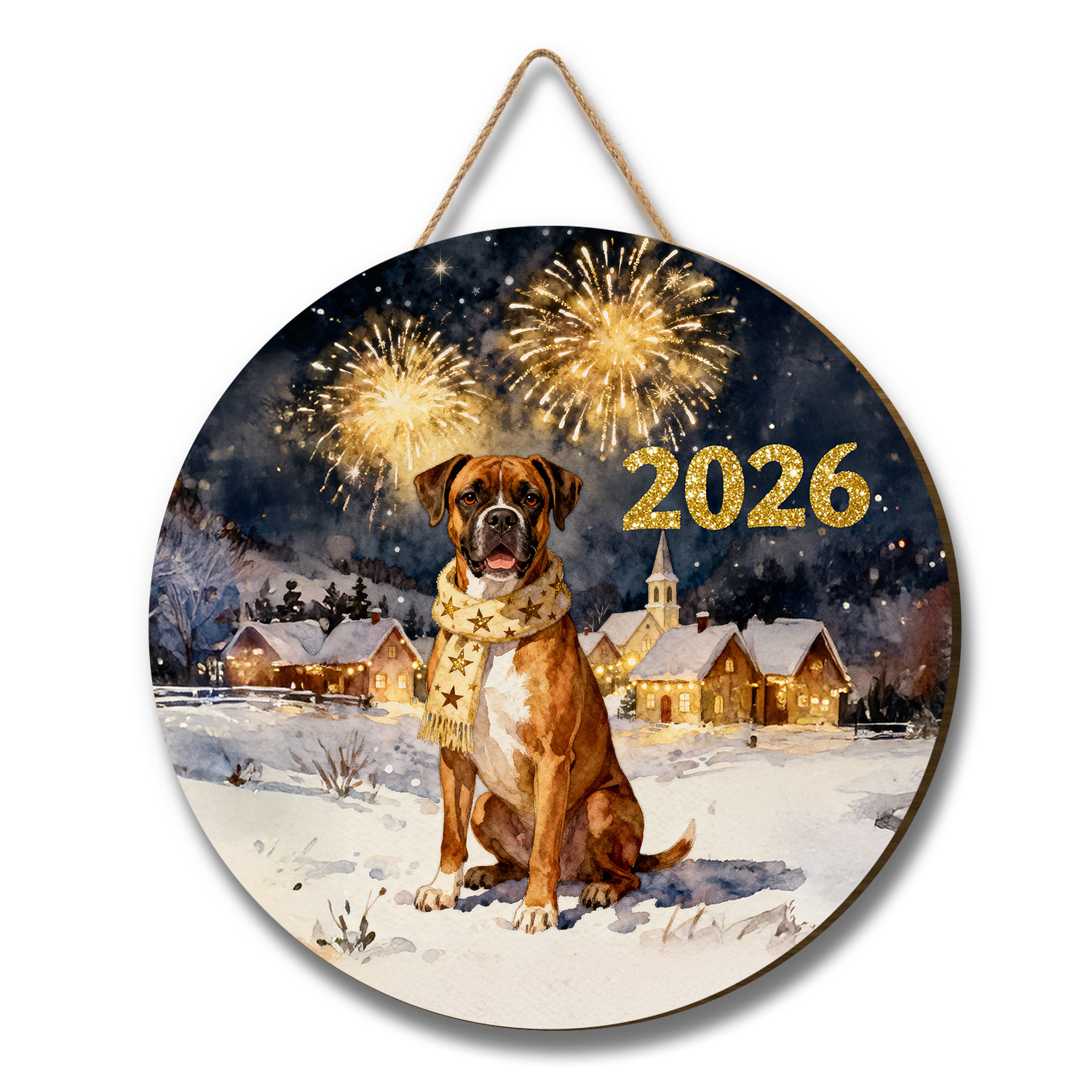 Boxer Happy New Year 2026 with Fireworks on New Year's Eve Round Wood ...
