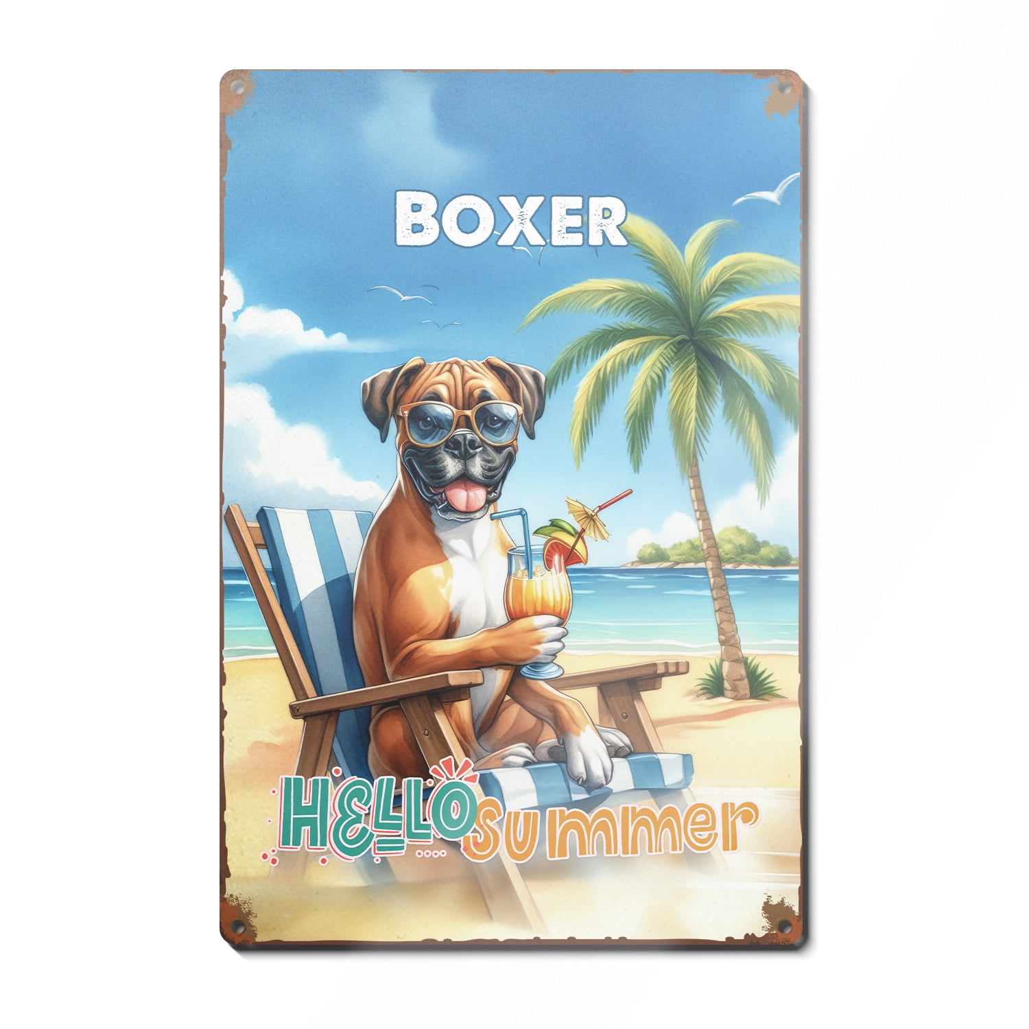 Boxer Hello Summer Beach Theme with Sunglasses and Tropical Cocktail Vertical Metal Aluminum ...