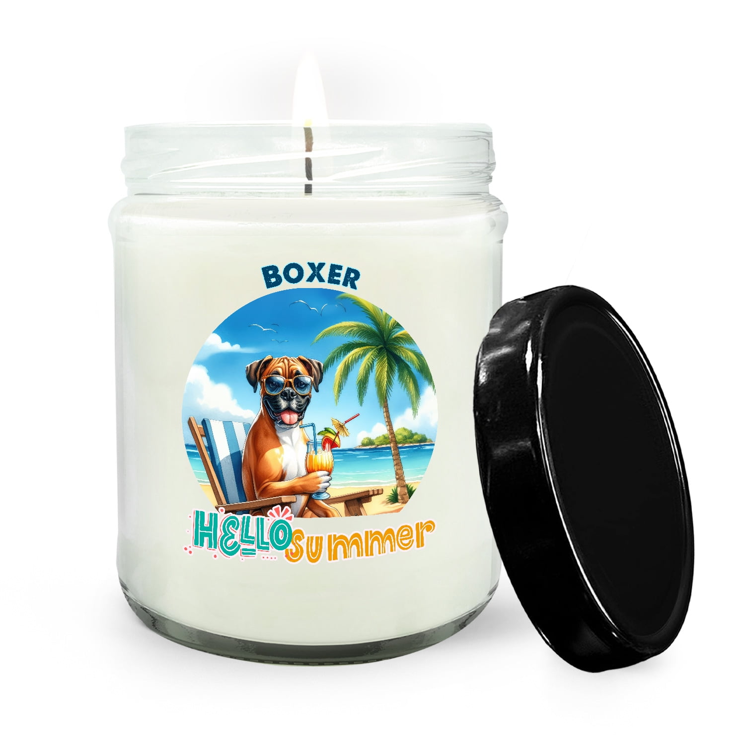 Boxer Hello Summer Beach Theme with Sunglasses and Tropical Cocktail Soy Wax Candle Boxers Dog ...
