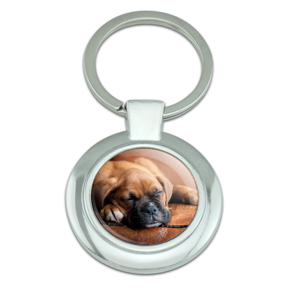 Boxer Puppy Dog Sleeping in Leather Chair Keychain Classy Round Chrome ...
