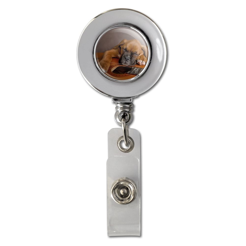 Boxer Puppy Dog Sleeping on Guitar Retractable Reel Chrome Badge ID ...