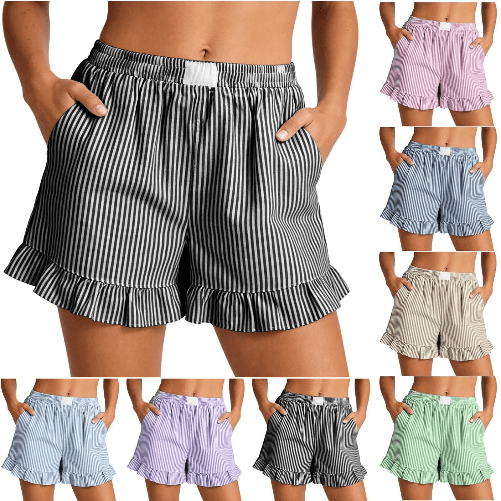 Boxer Shorts for Women Cute Comfy Ruffle Striped Print Pajama Bottom ...