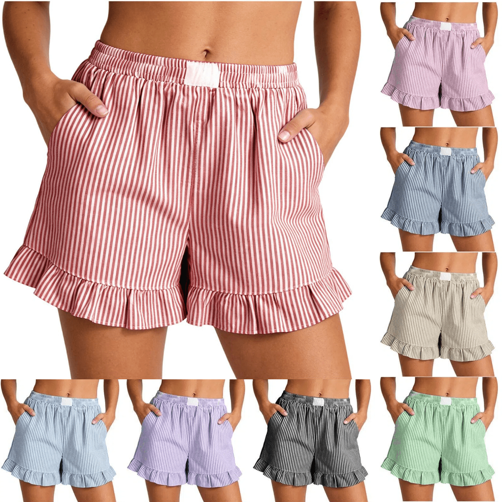 Boxer Shorts for Women Cute Comfy Ruffle Striped Print Pajama Bottom ...