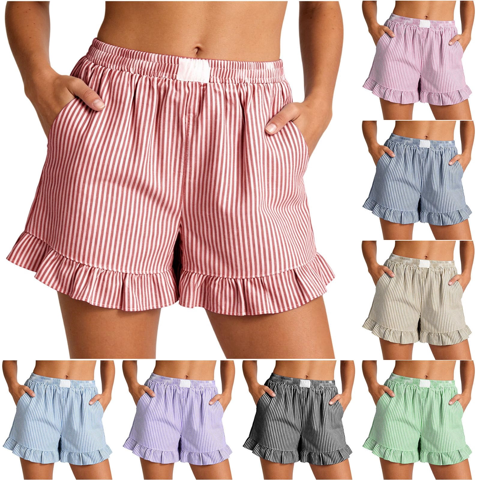Boxer Shorts for Women Cute Ruffle Striped Print Pajama Bottom Soft ...