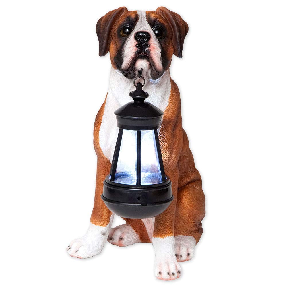 Boxer Solar Lantern Statue – Resin Dog Sculpture with LED Light for ...