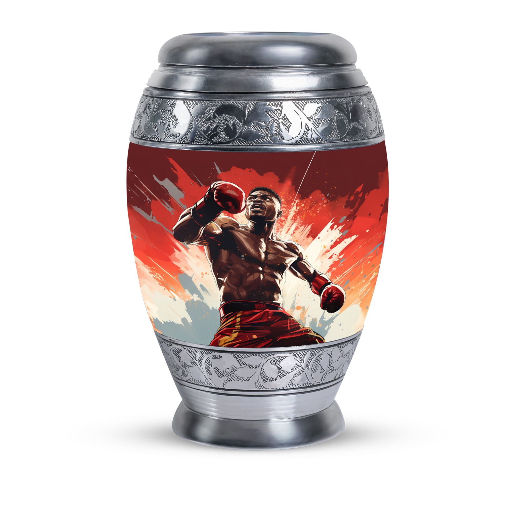 Boxer Triumphantly Punching In Red Hues - Funeral Cremation Urns For ...