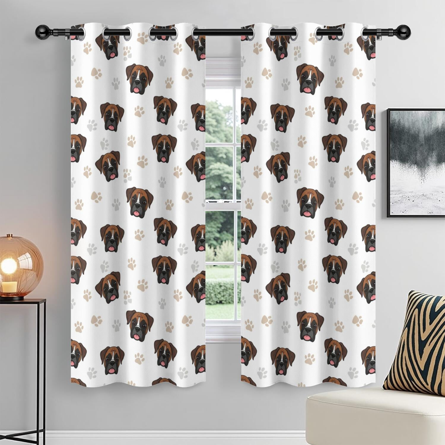 Boxer and Dog Paw Print White Blackout Curtains,Triple Weaved Fabric ...