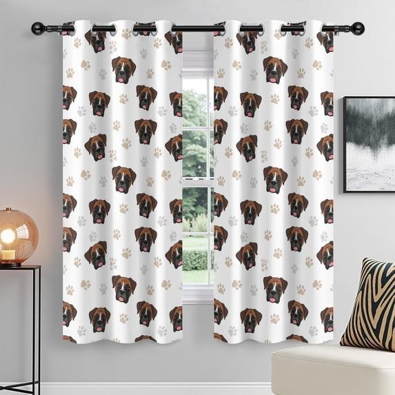 Boxer and Dog Paw Print White Blackout Curtains,Triple Weaved Fabric ...