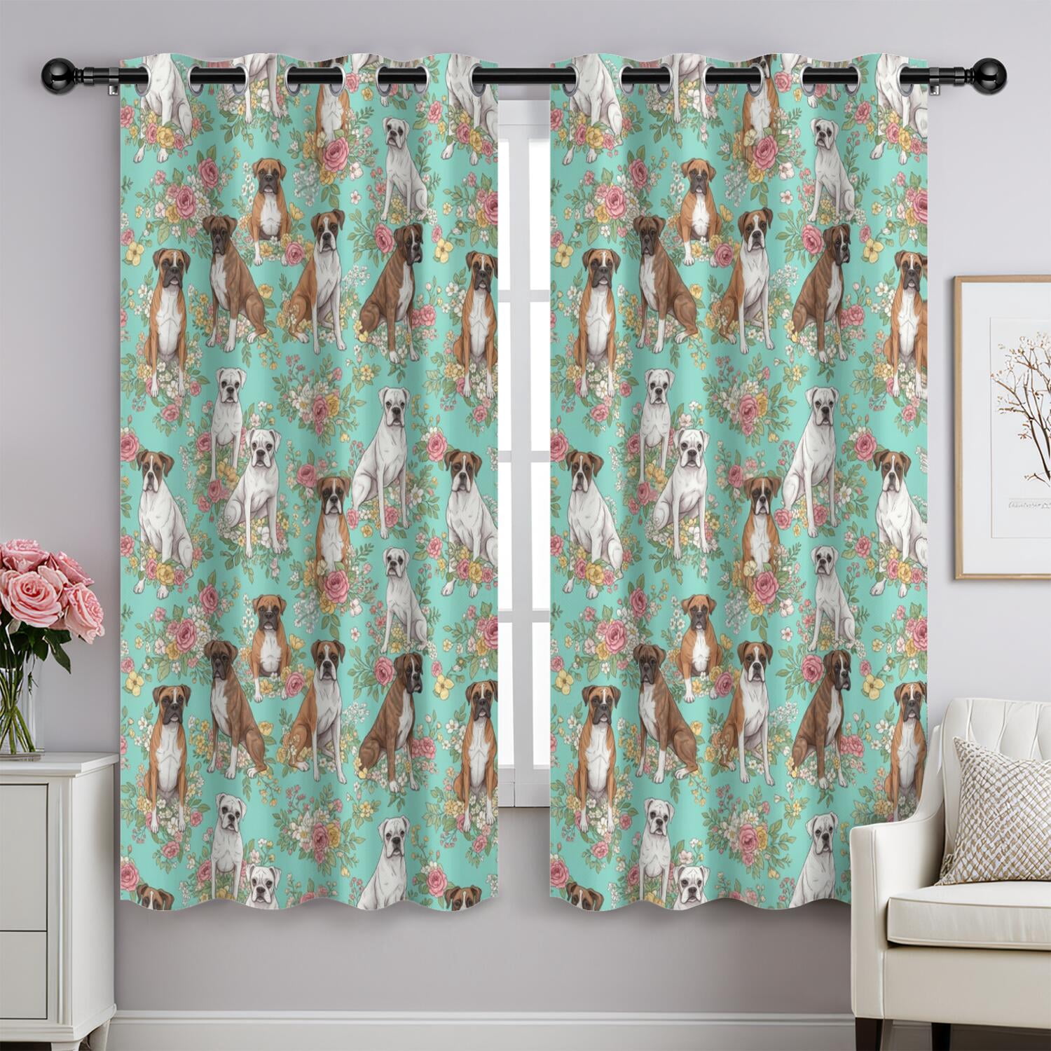 Boxer and Floral Blue Pattern Blackout Curtains,Triple Weaved Fabric ...