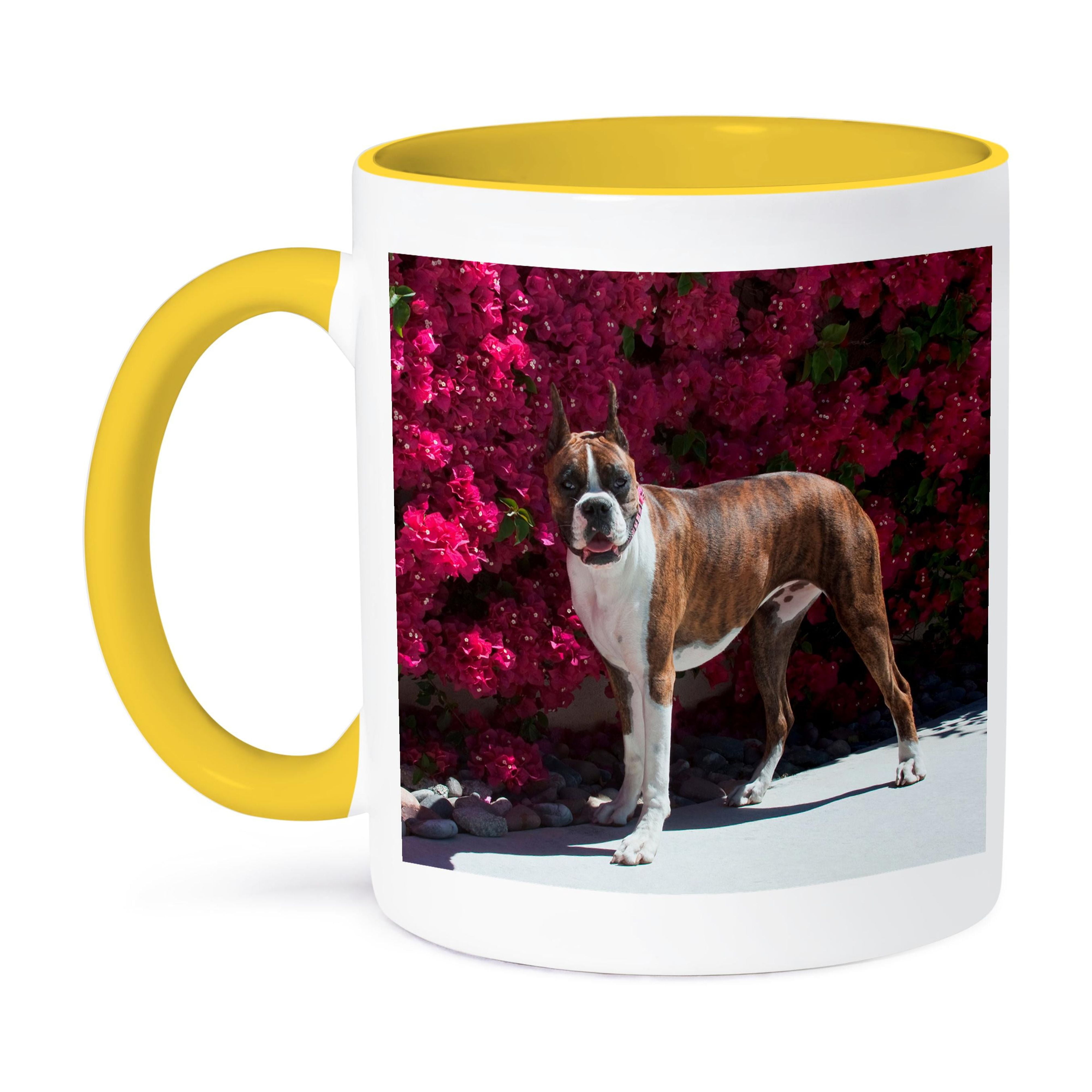 3dRose, Boxer in front of bright Bougainvillea, 15oz Two-Tone Yellow ...