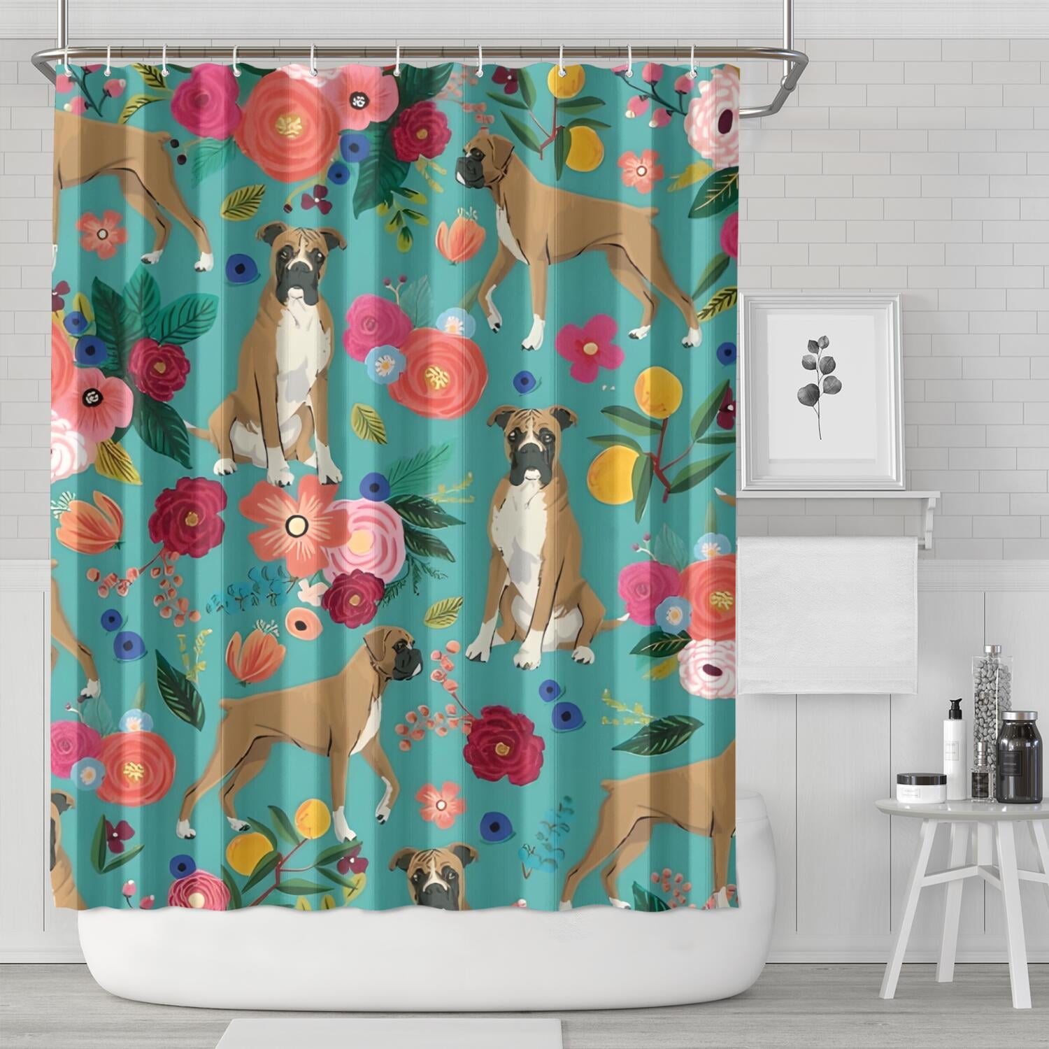 BoxerDog and Floral Shower Curtain 72x84in ,Bathroom Decorative Shower ...