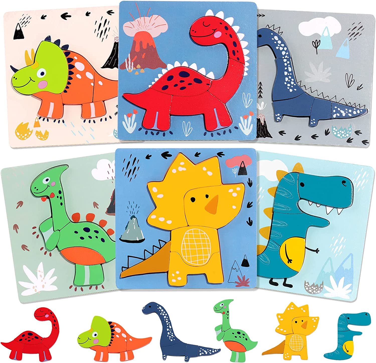 Boxgear 6-Pcs Wooden Dinosaur Puzzle - Educational Toys for Children ...