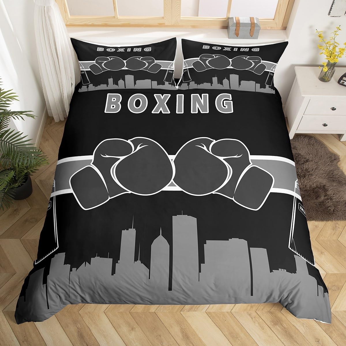 Boxing Bedding Set Boxing Sports Comforter Covergrey Gloves Bed Set Pugilism Games Gamer Duvet