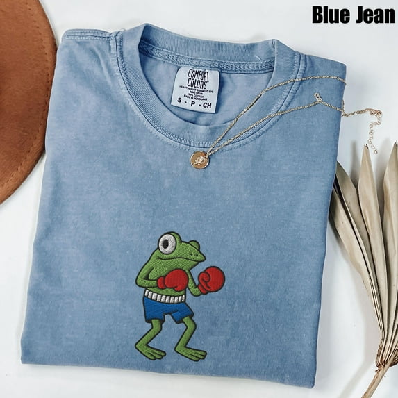 Boxing Frog Embroidered T-Shirt, Funny Frog Wearing Shorts Tee, Fighting Frog Design, Unique ...