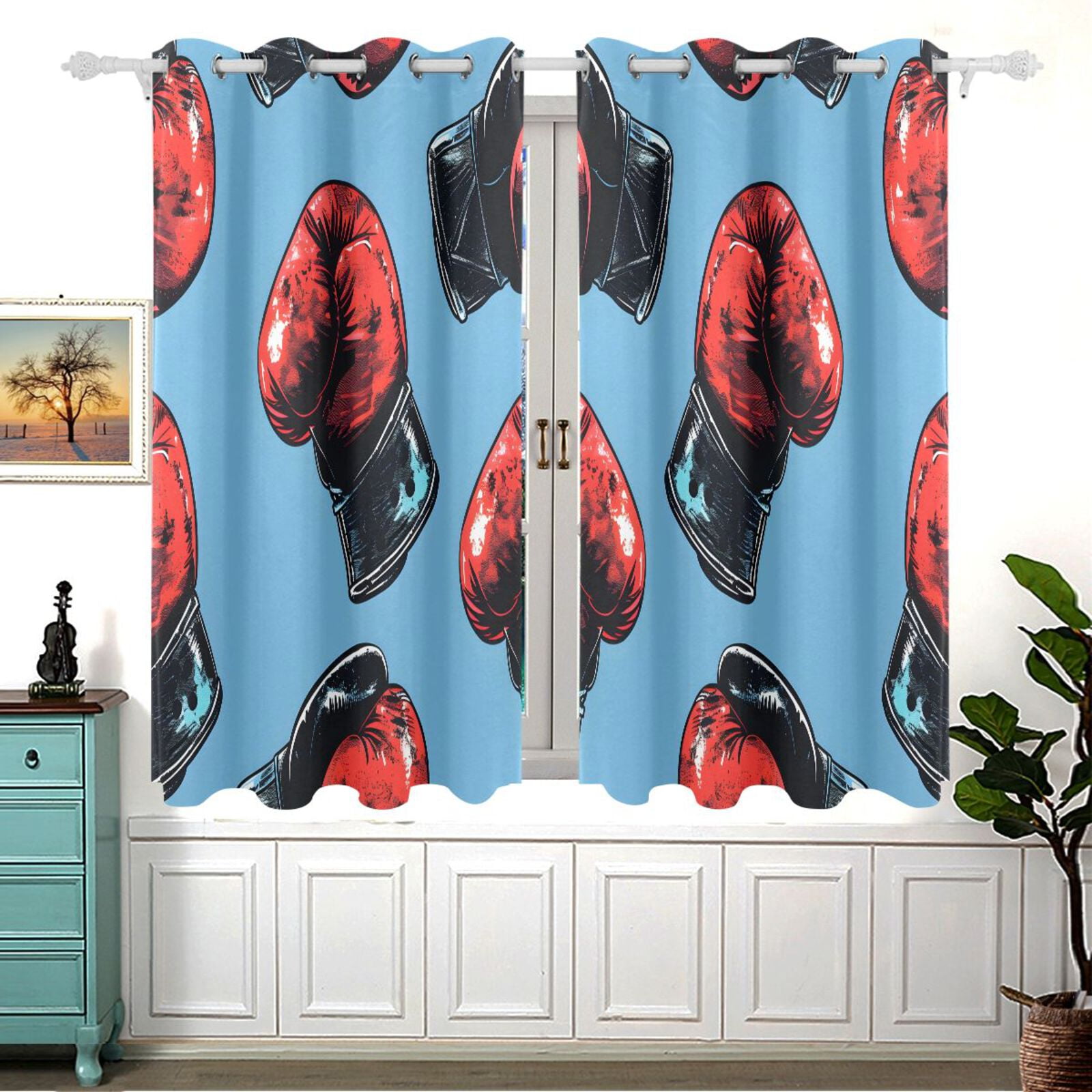 Boxing Gloves Curtains Grommet Black Out 54 Inch Length Curtain Drapes ...