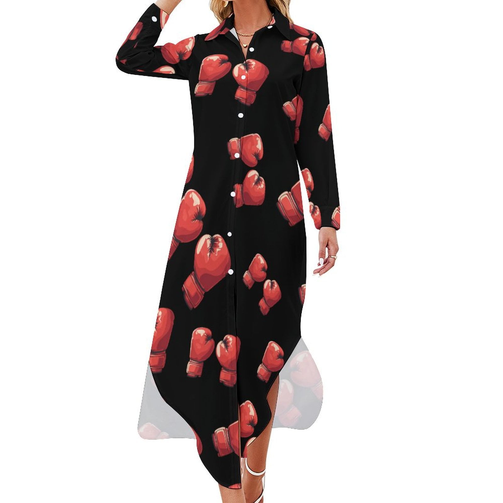 Boxing Gloves Women's Maxi T Shirt Dress Long Sleeve Lapel Summer ...