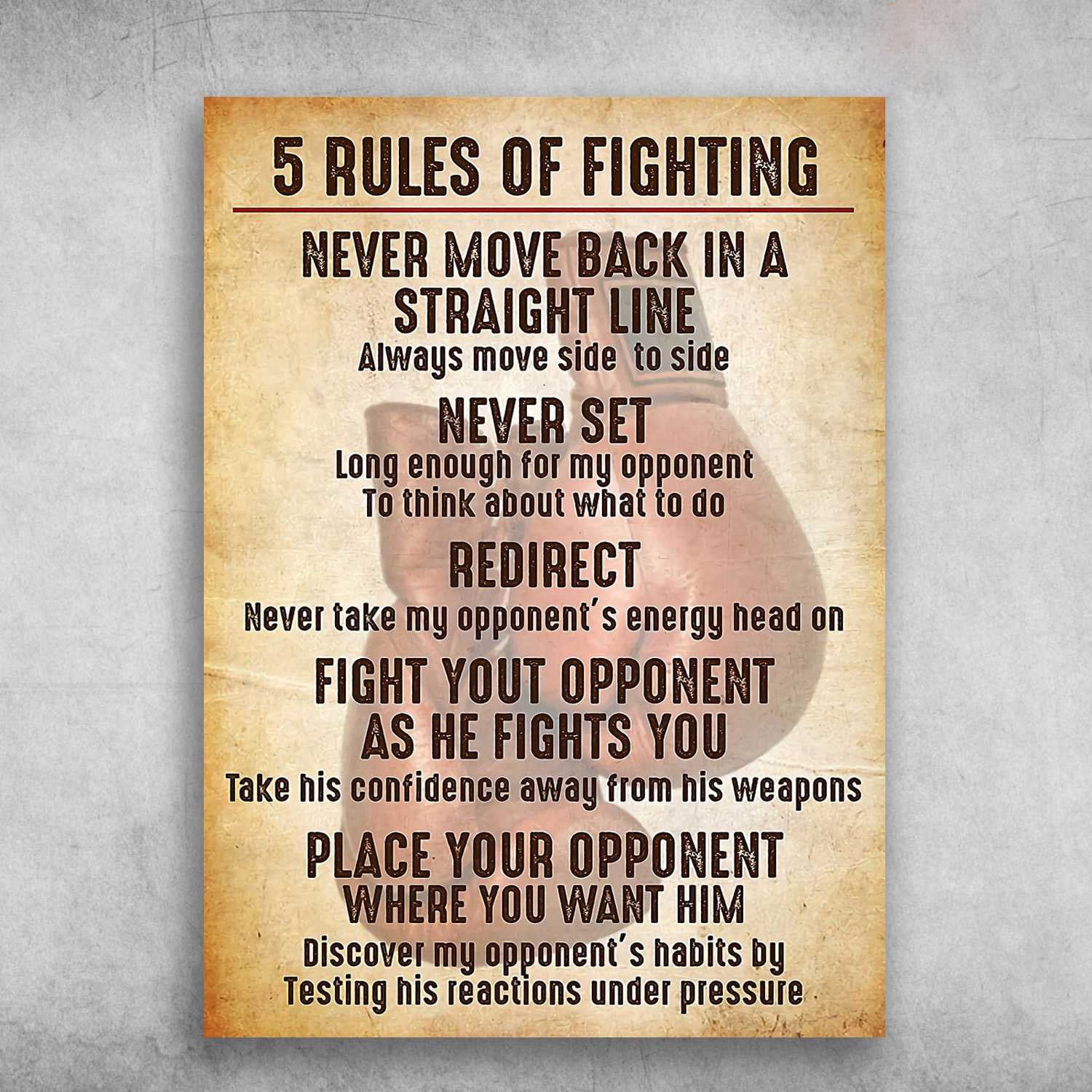 Boxing Poster - 5 Rules Of Fighting, Never Move Back In A Straight Line ...