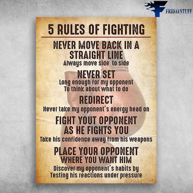 Boxing Poster, Poster 5 Rules Of Fighting, Never Move Back In A ...