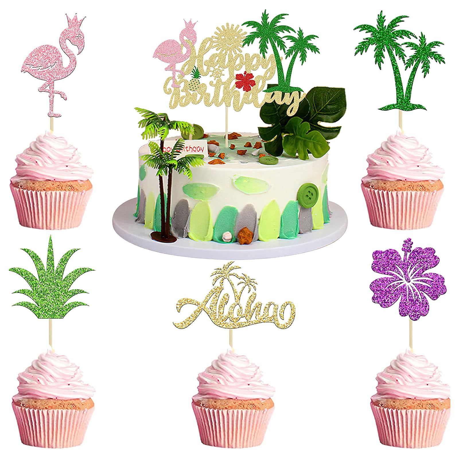 Boxkat 1 Pcs TWE5 Flamingo Happy Birthday Cake Topper and 10 Pcs Palm ...