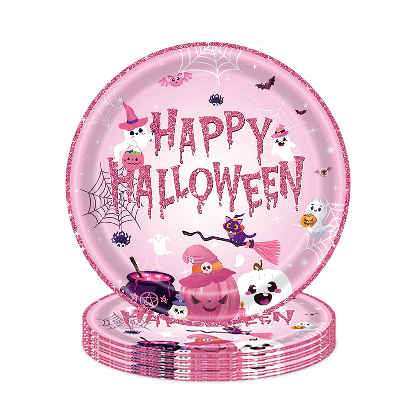 Boxkat 24 Pcs Halloween Paper Plates AFN19 Inch Pink Happy Halloween ...