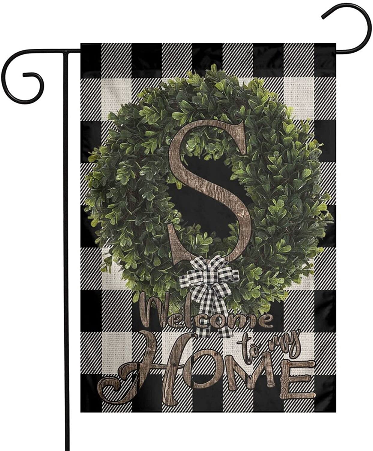 Boxwood Wreath Black And White Plaid Buffalo Check Monogram Initial ...