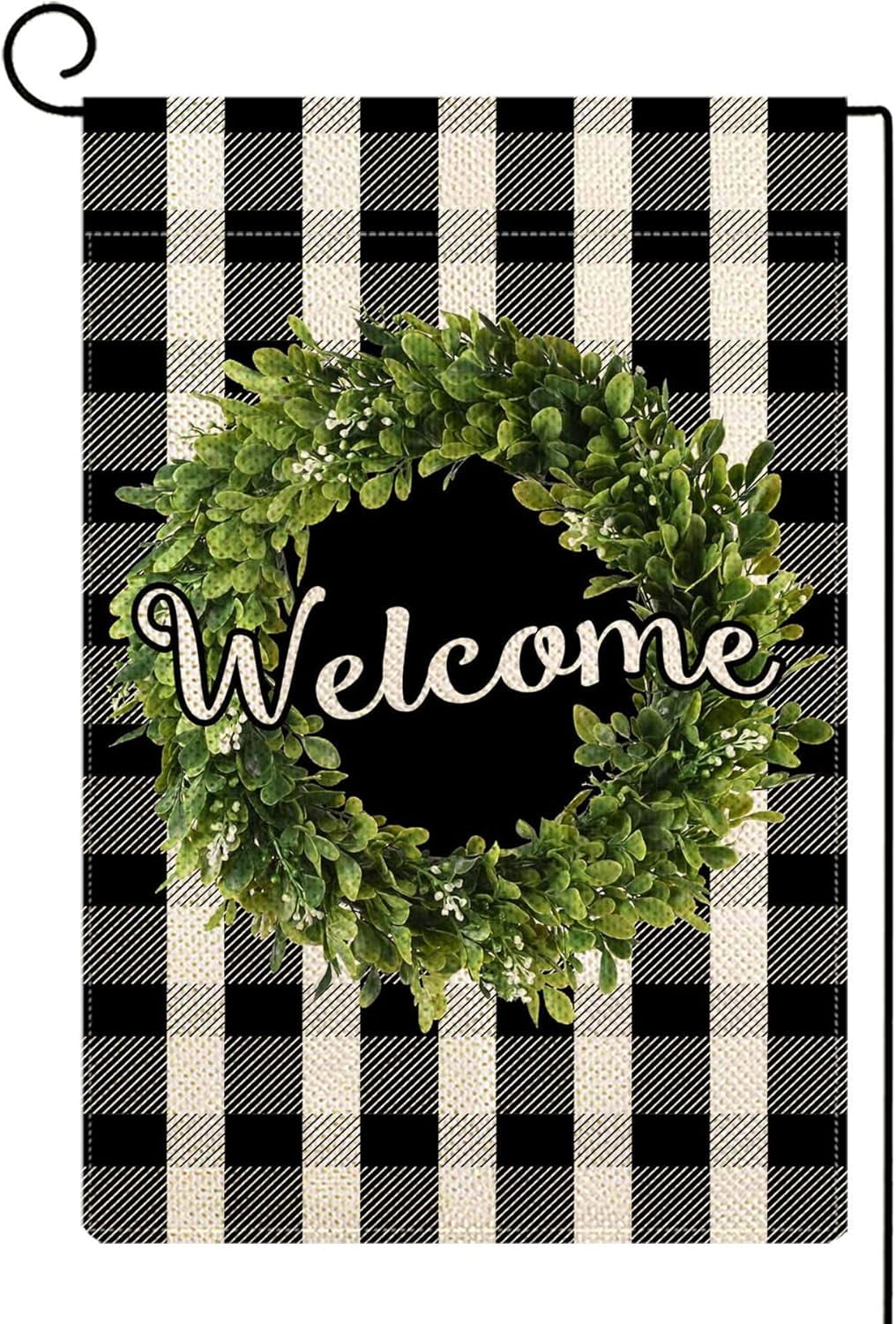 Boxwood Wreath Welcome Garden Flag Double Sided, Buffalo Plaid Check ...