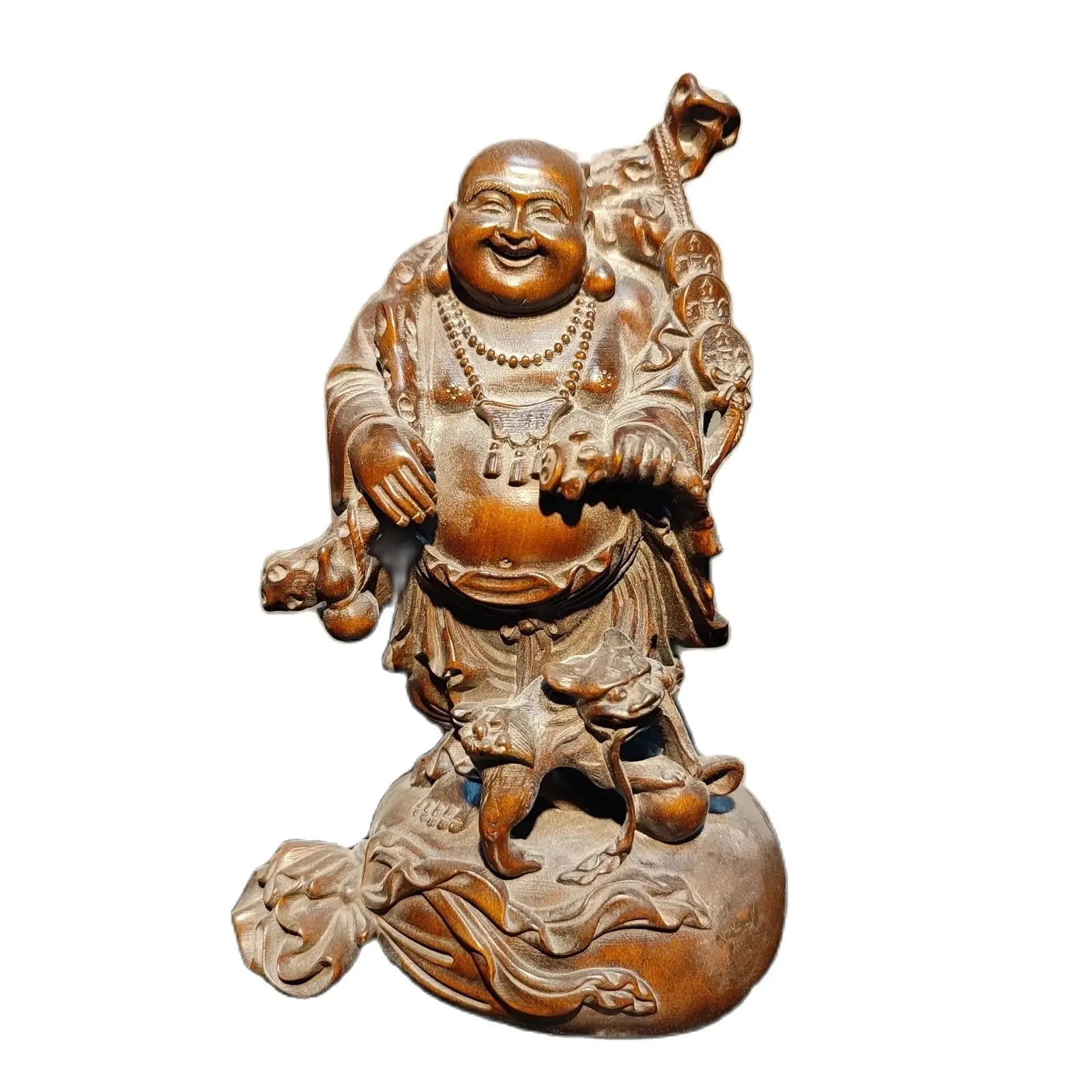 Boxwood carving wooden laughing buddha Amitabha monk statue home decor ...