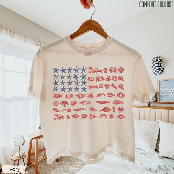 Boxy Cropped Seashell USA Flag Shirt, 250th Anniversary 4th of July Tee ...