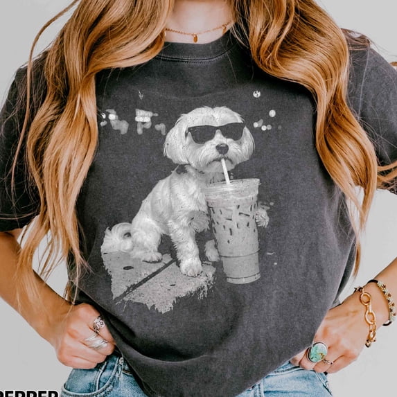 Boxy Tee Funny Maltese Drinking Iced Coffee Tshirt Dog Shirt Maltese ...