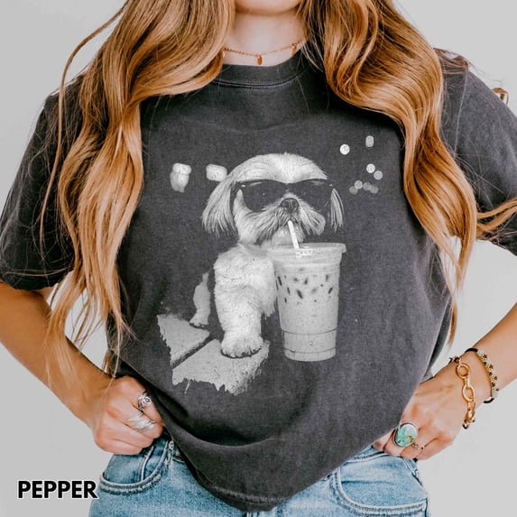 Boxy Tee Funny Shih Tzu Drinking Iced Coffee Tshirt Dog Shirt Shih Tzu ...