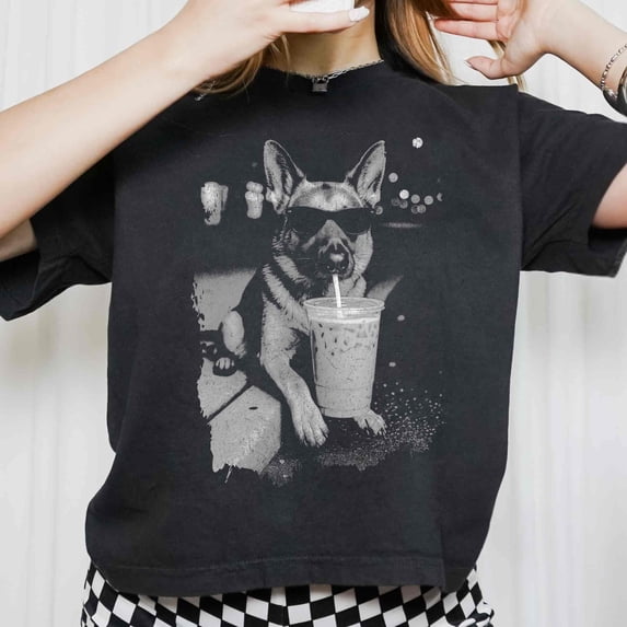Boxy Tee German Shepherd Shirt Funny Dog Drinking Iced Coffee Tshirt ...