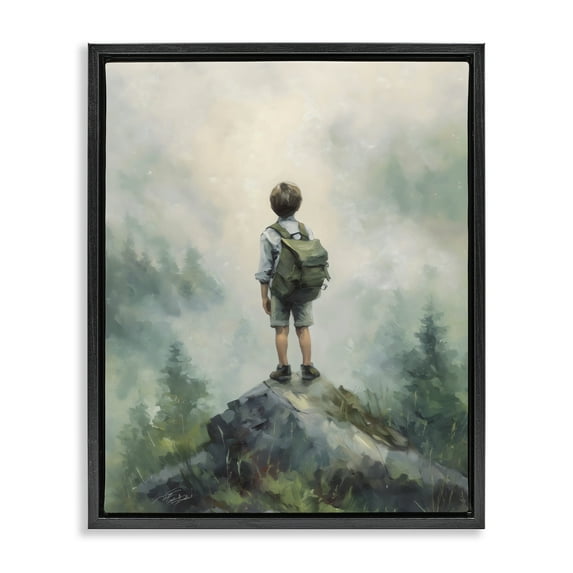 Boy Adventurer Atop Mountain Black Framed Floater Canvas Wall Art ...