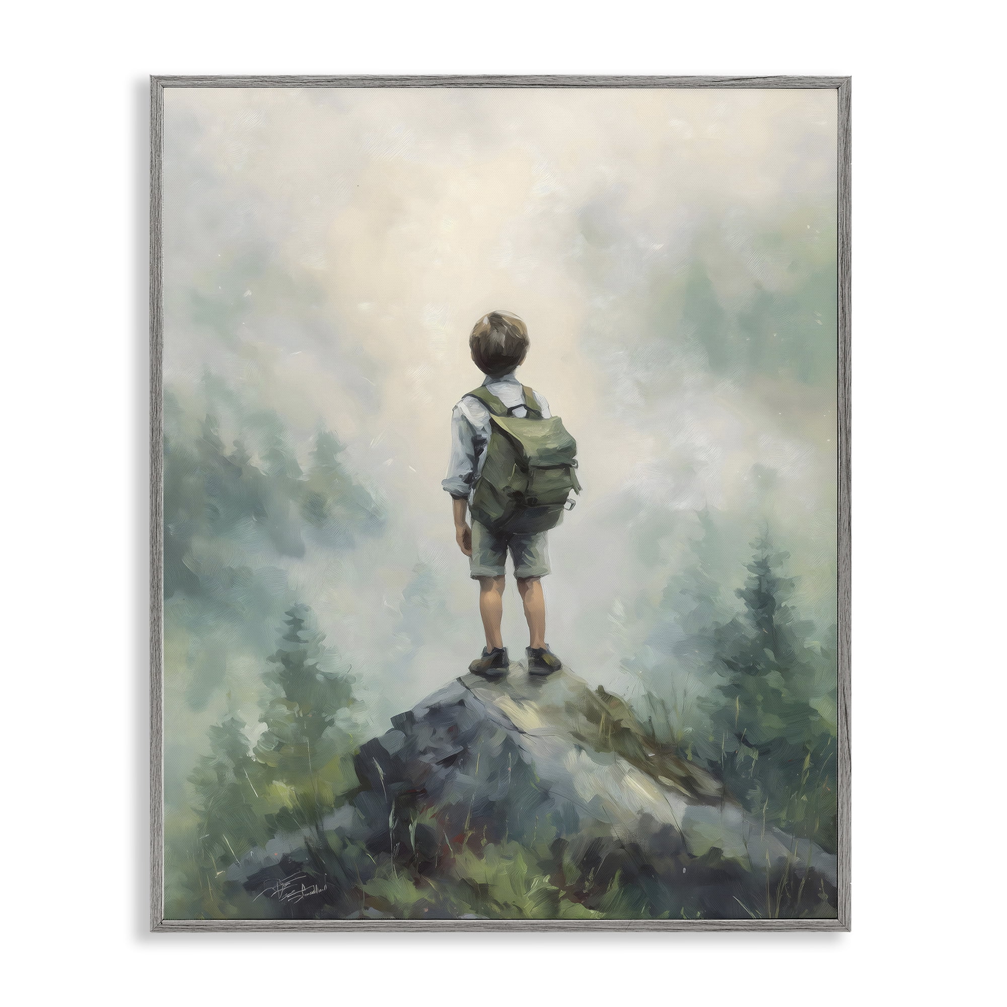 Boy Adventurer Atop Mountain Gray Framed Giclee Art, design by ...