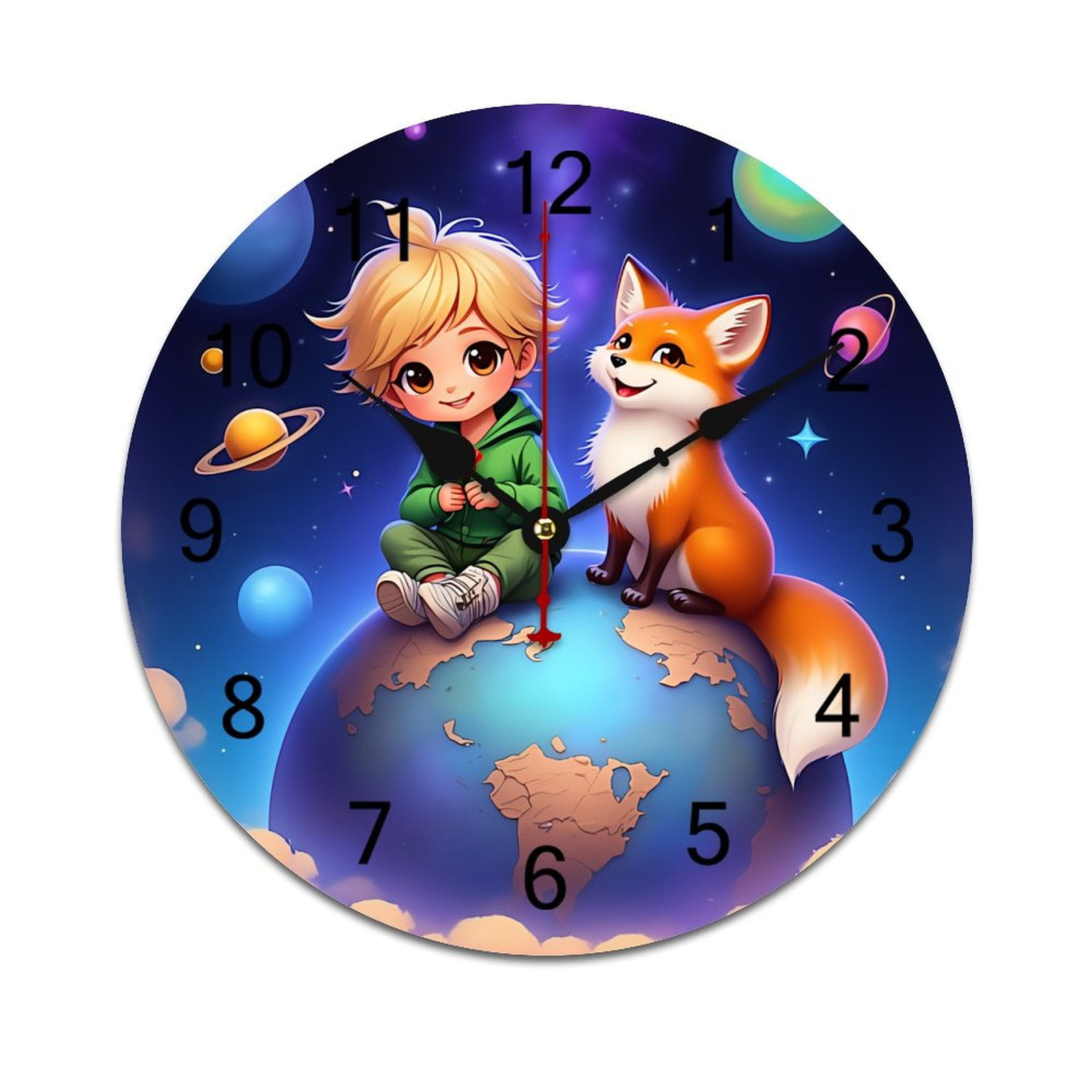 Boy And A Fox Red Rose Time Decorative Wall Clocks Round Large Wall ...
