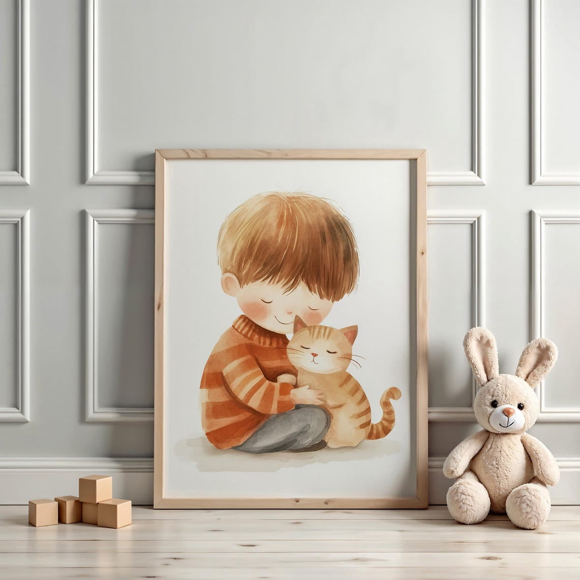Boy And Cat Nursery Print Whimsical Room Wall Art Childrens Decor ...