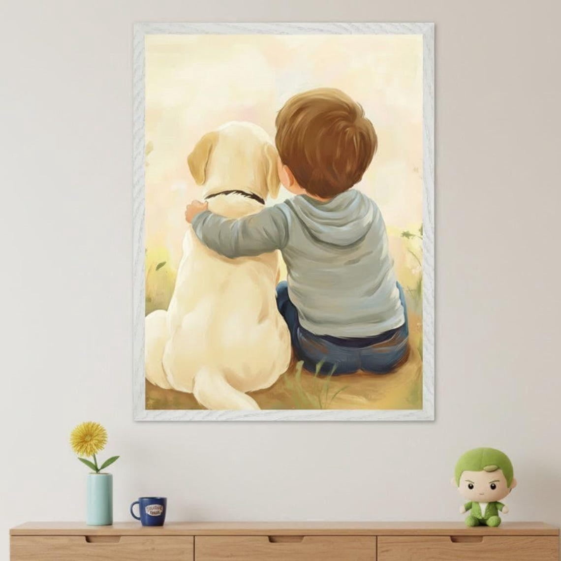 Boy And Dog Heartwarming Illustration Wall Art Golden Retriever Nursery ...