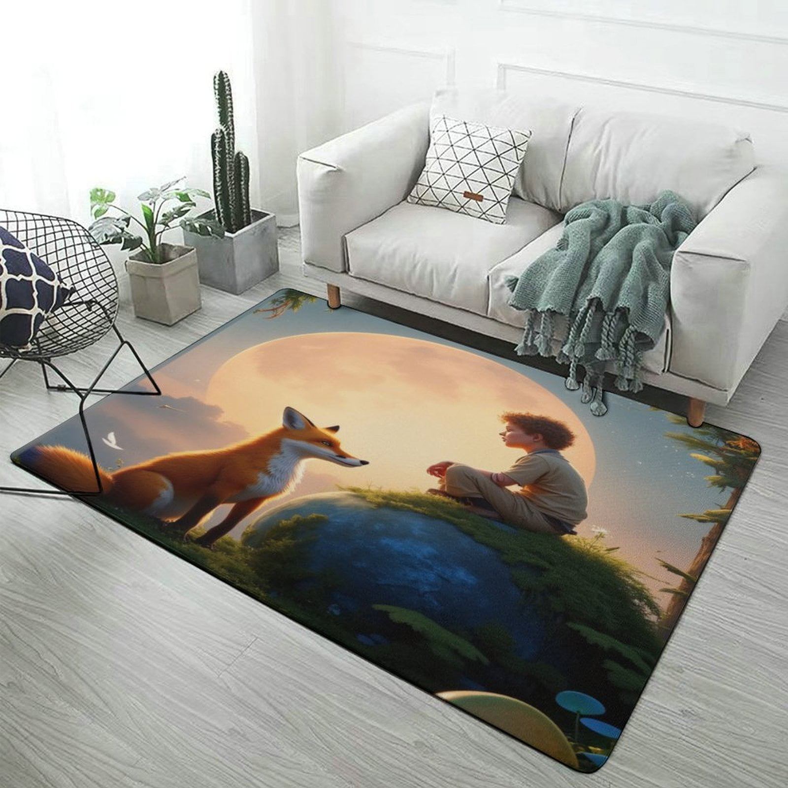 Boy And Fox Under Moon Home Decor Living Room Carpet Non-slip Hotel ...