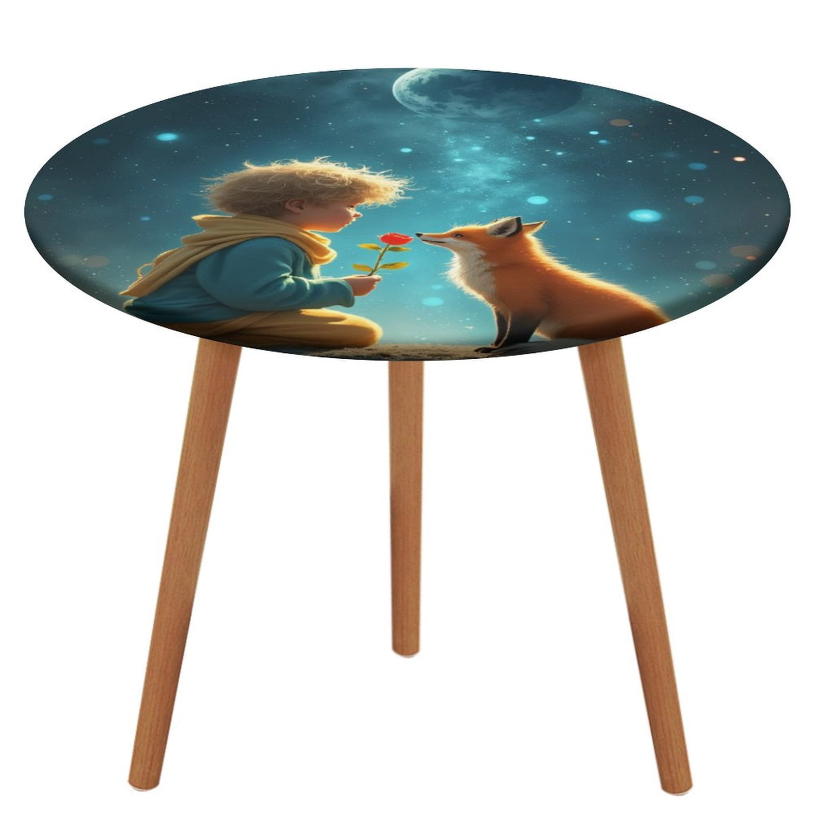 Boy And Fox Under Moonlight Round Fitted Tablecloth Elastic Table Cover ...