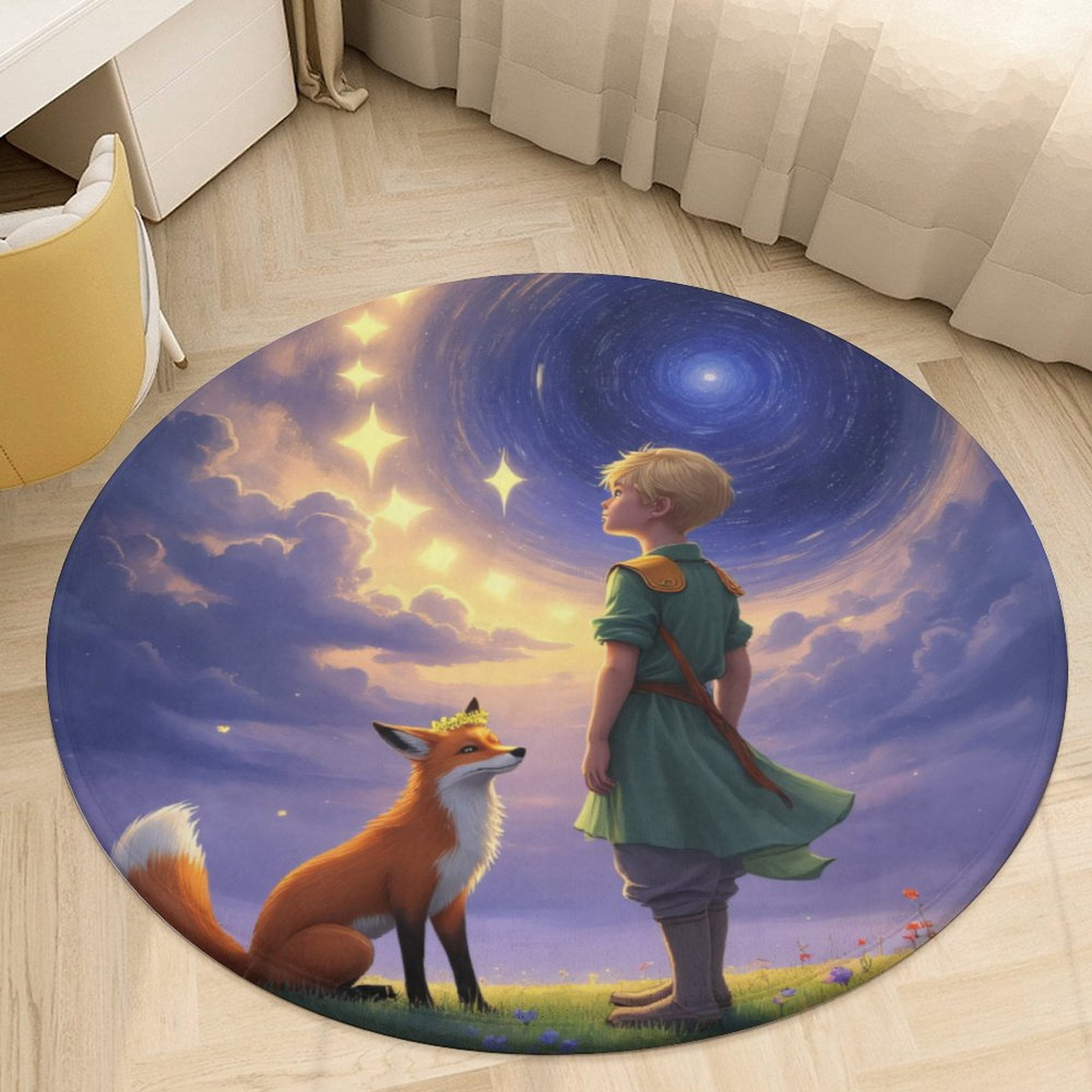 Boy And Fox Under Stars Round Area Rugs for Bedroom Living Room, 4FT ...