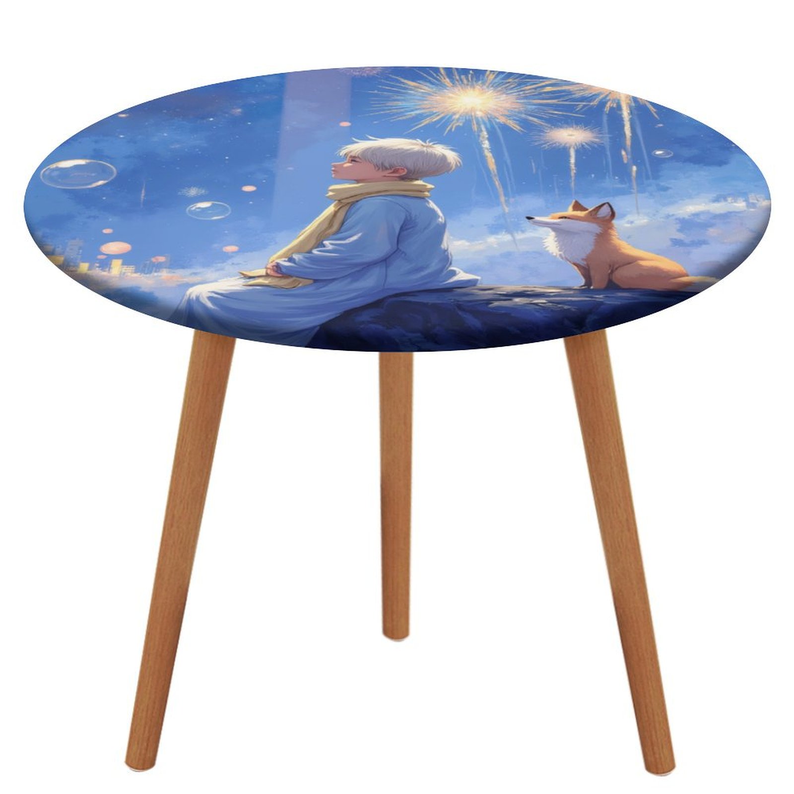 Boy And Fox Watching Fireworks Pattern Round Tablecloth Waterproof ...