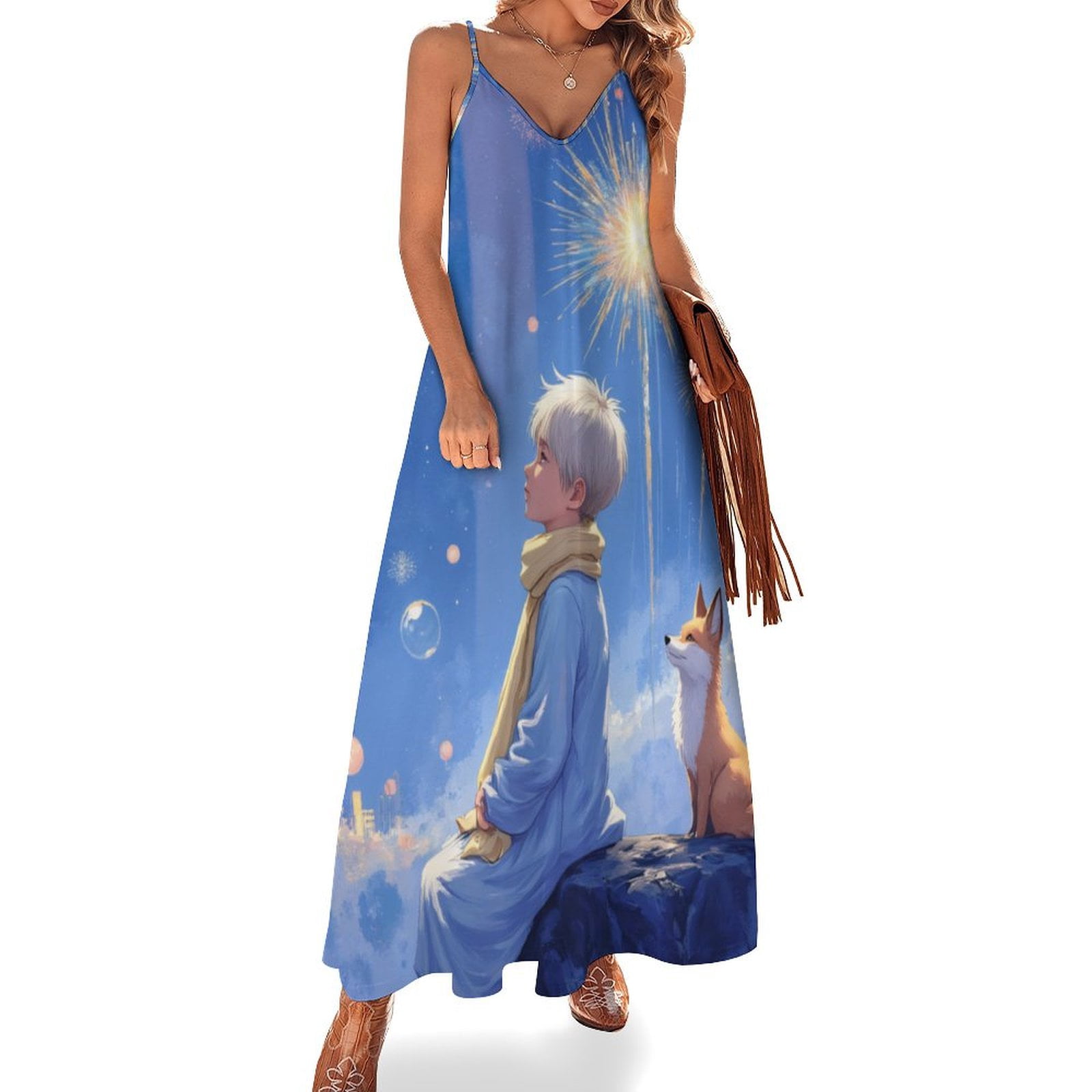 Boy And Fox Watching Fireworks Sleeveless Dress Women's Luxury Party ...