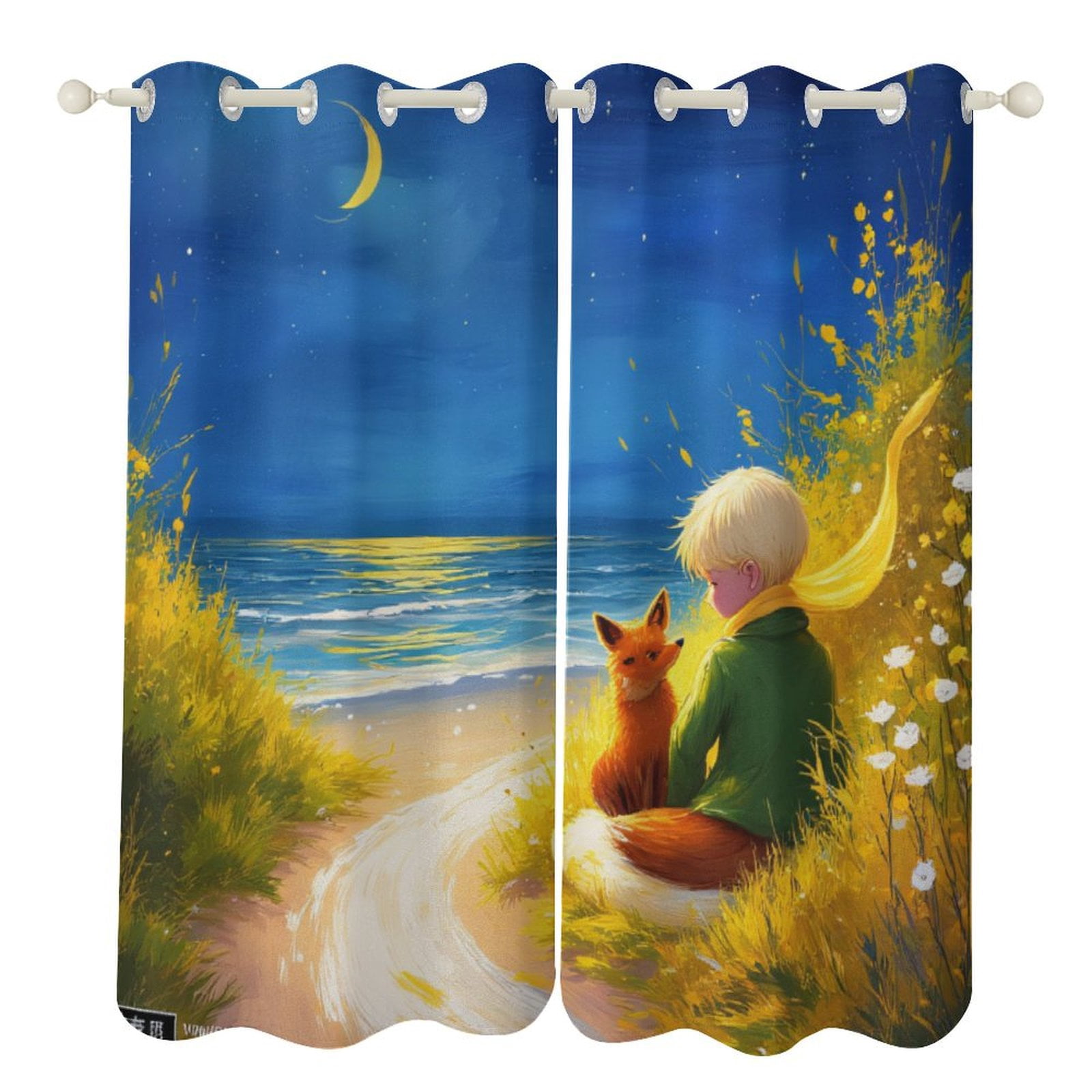 Boy And Fox by Moonlit Sea Luxury Window Curtains Blinds for Living ...
