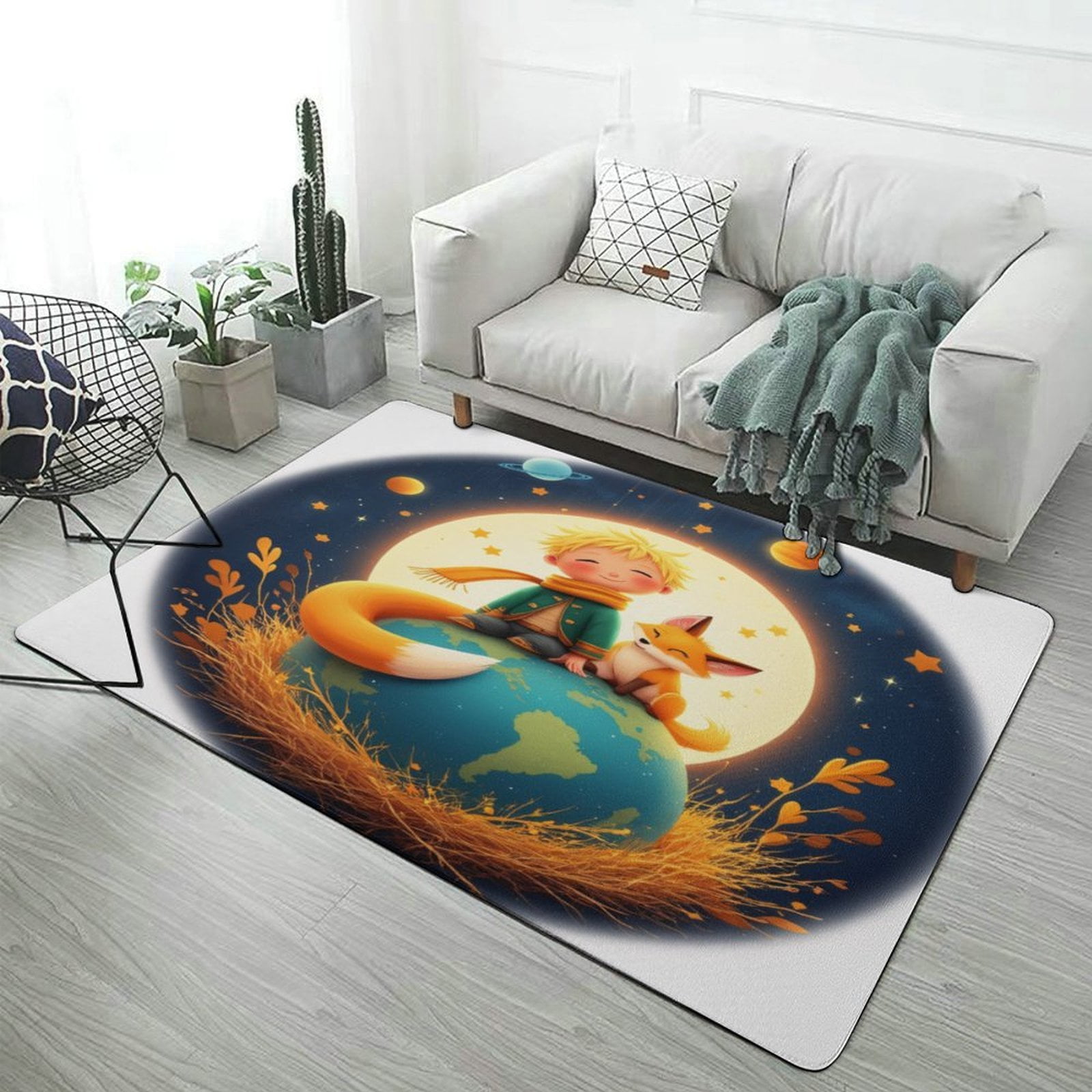 Boy And Fox on Planet Carpet Rug for Home Living Room Bedroom Sofa ...